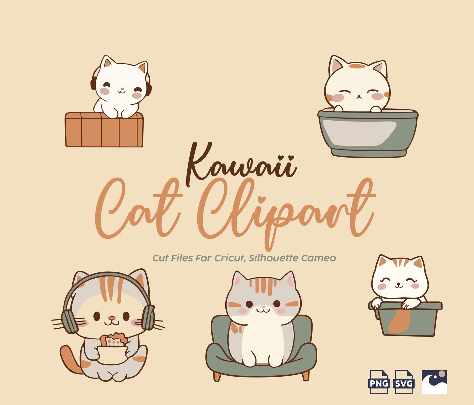 Kawaii Cat Clipart Svg Png, Stickers, Cat Outline Svg, Cute Cat Svg ...
