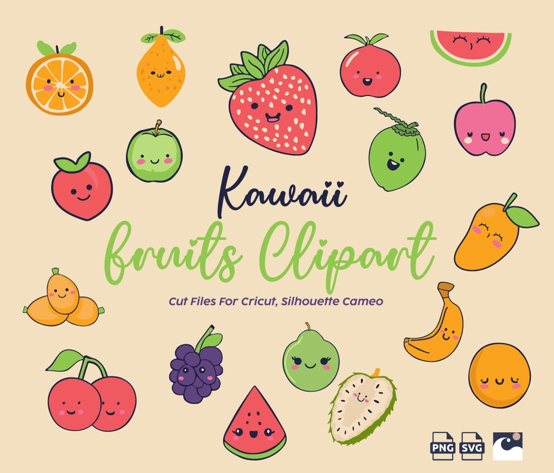 Kawaii Cute Fruits Drawings Clipart Svg Png, Fruits Svg Bundle ...