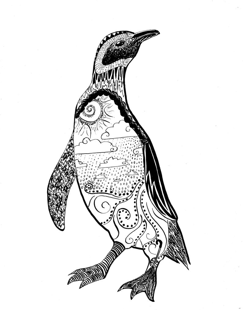 Black & White Abstract Zentangle Penguin Ink Drawing Print - Etsy