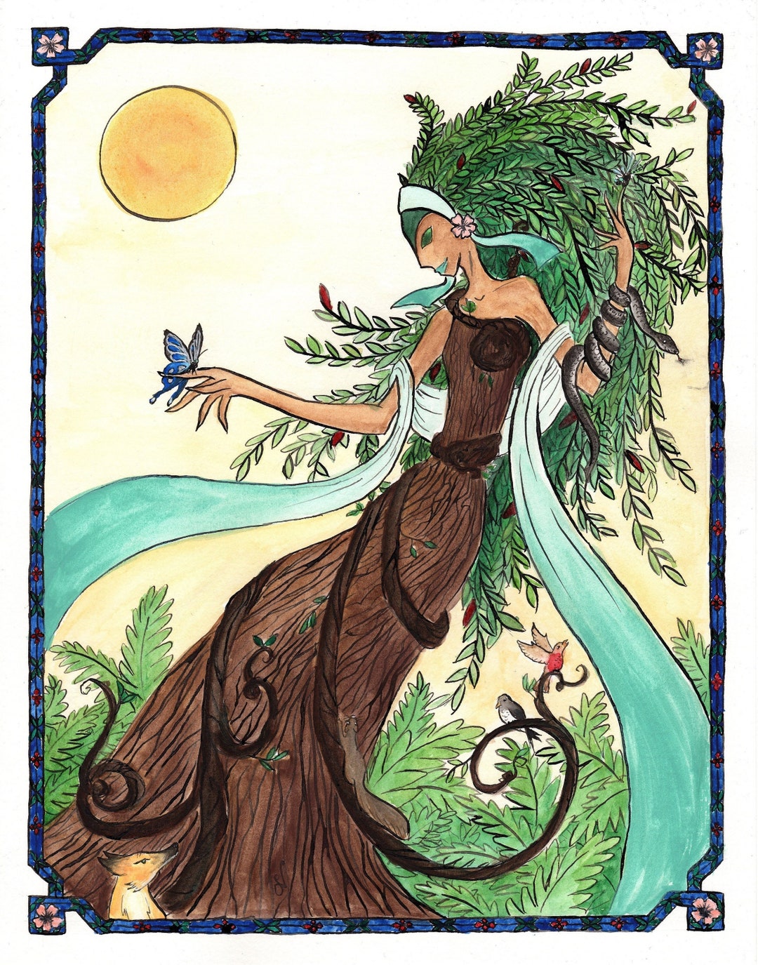 Fantasy Watercolor Illustration Greek Mythology Dryad and Animals Art ...