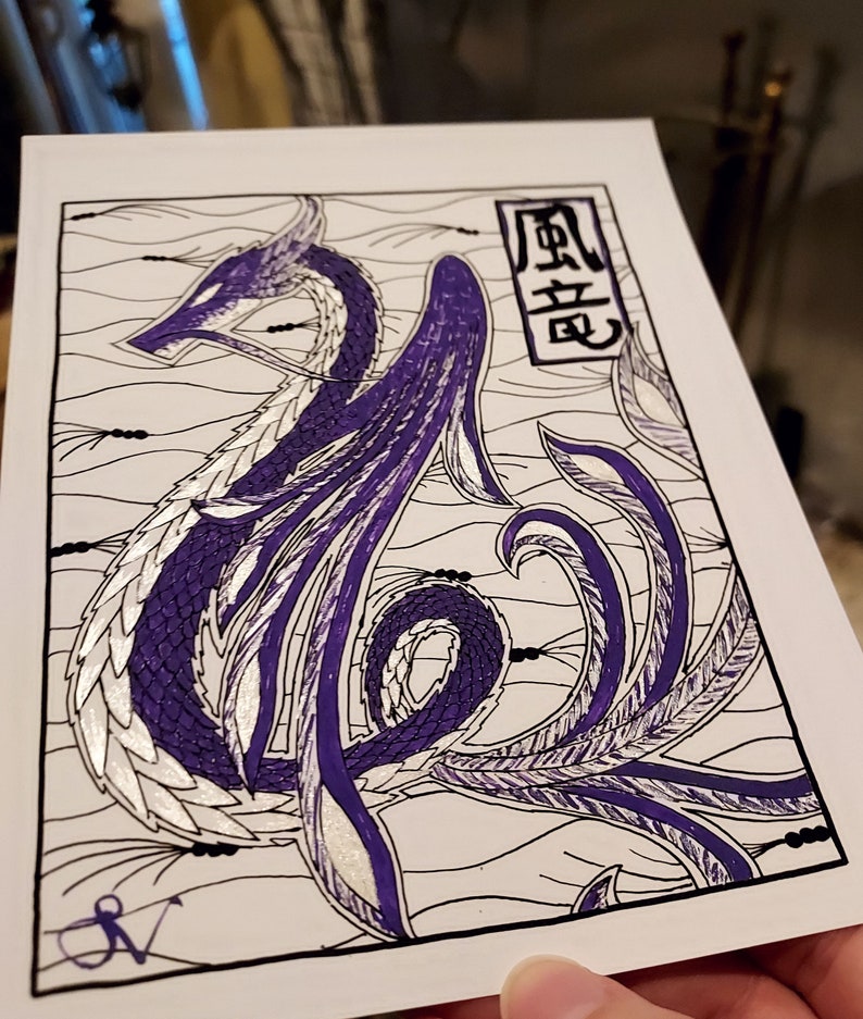 Purple Elemental Wind Dragon Hand Colored Metallic Print - Etsy