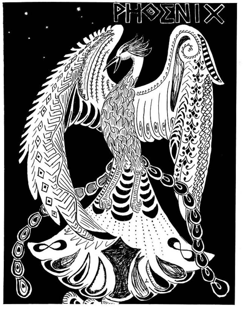 Black & White Abstract Zentangle Phoenix Constellation Ink Illustration ...