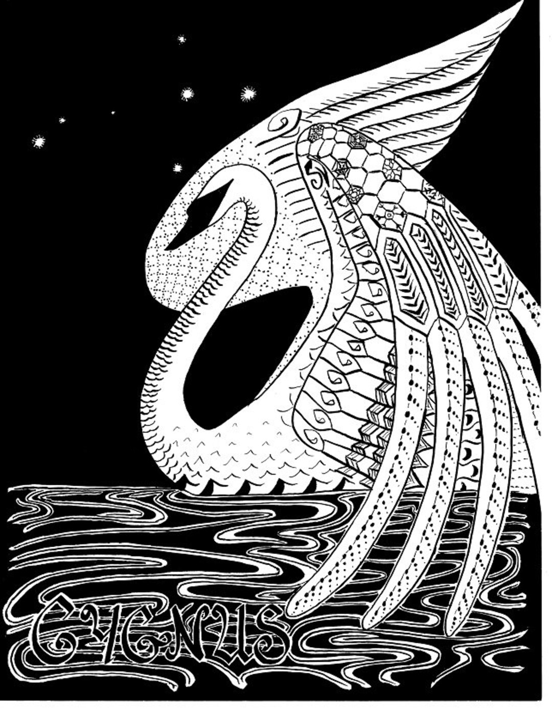 Black & White Abstract Zentangle Cygnus Swan Constellation Illustration ...