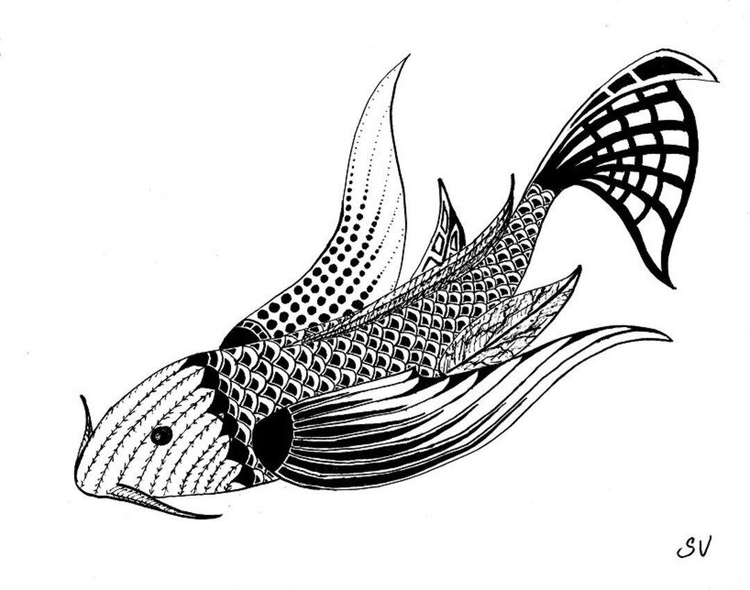 Black & White Abstract Zentangle Koi Fish Drawing Print - Etsy