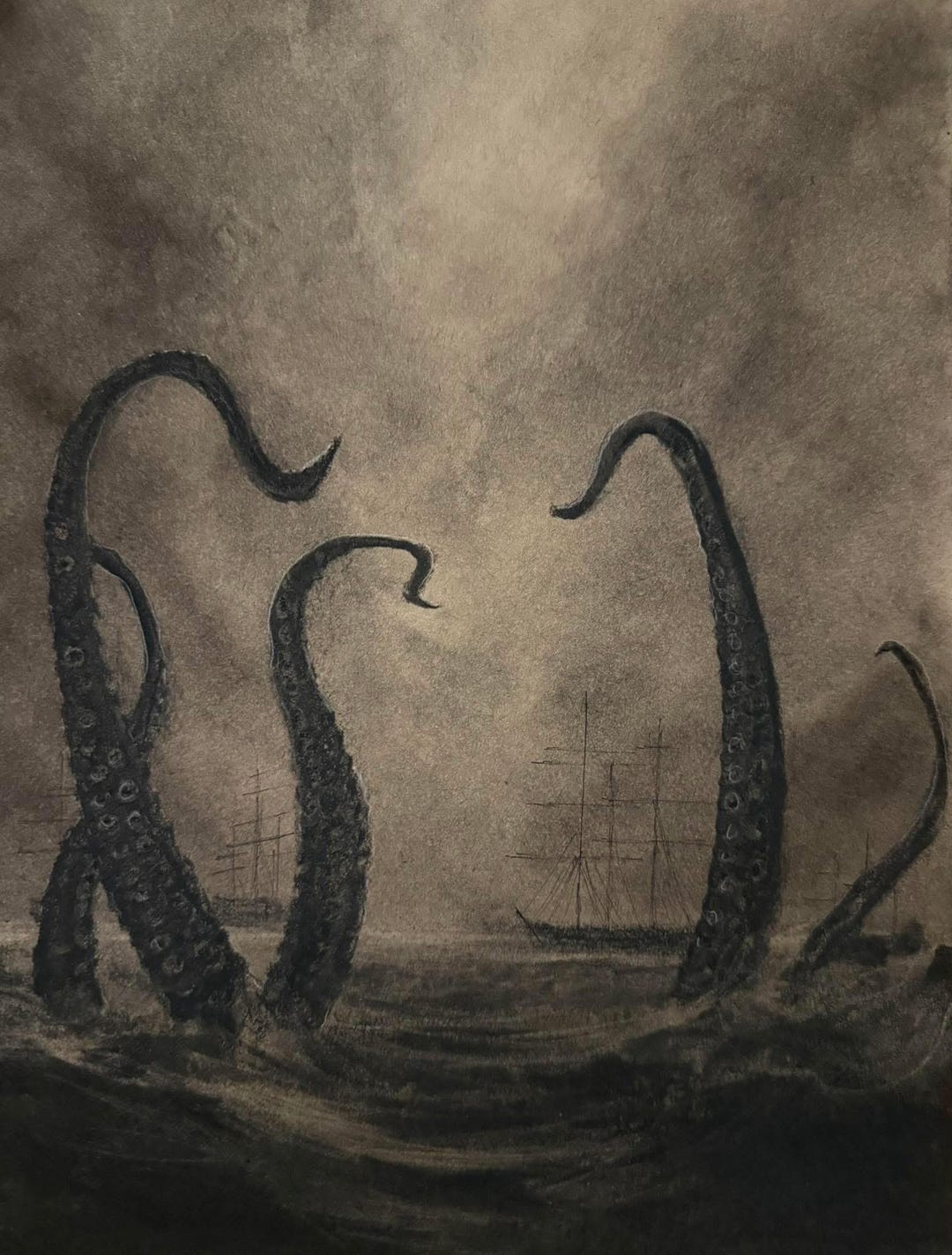 Dark Nautcal Sea Monster Drawing Gothic Maritime Vintage Ship Tentacle ...
