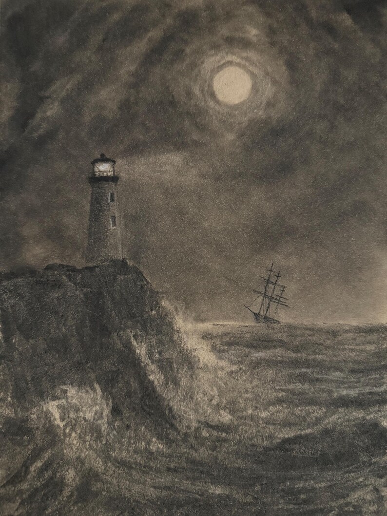 ORIGINAL Lighthouse Drawing Ship at Sea Dark Art - Etsy