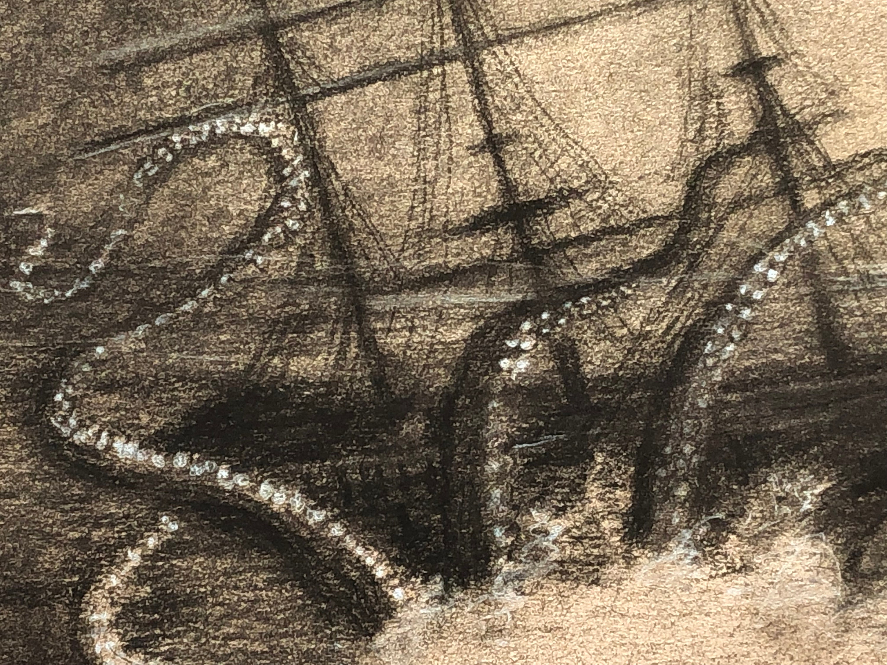 Vintage Sea Monster Octopus Attacks Ship Drawing Nautical Decor Coastal ...