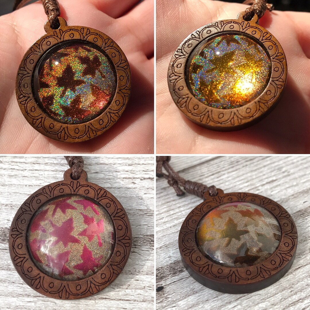 Multichrome and Holographic Autumn Fall Leaves Necklace Wooden Pendant ...