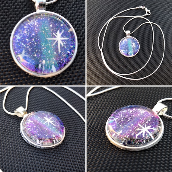 Hand painted galaxy necklace silver plated pendant & cord | Etsy