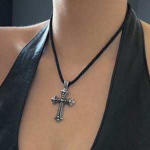 Chunky Gothic Cross Rope String Necklace Silver Stainless Steel Y2K ...
