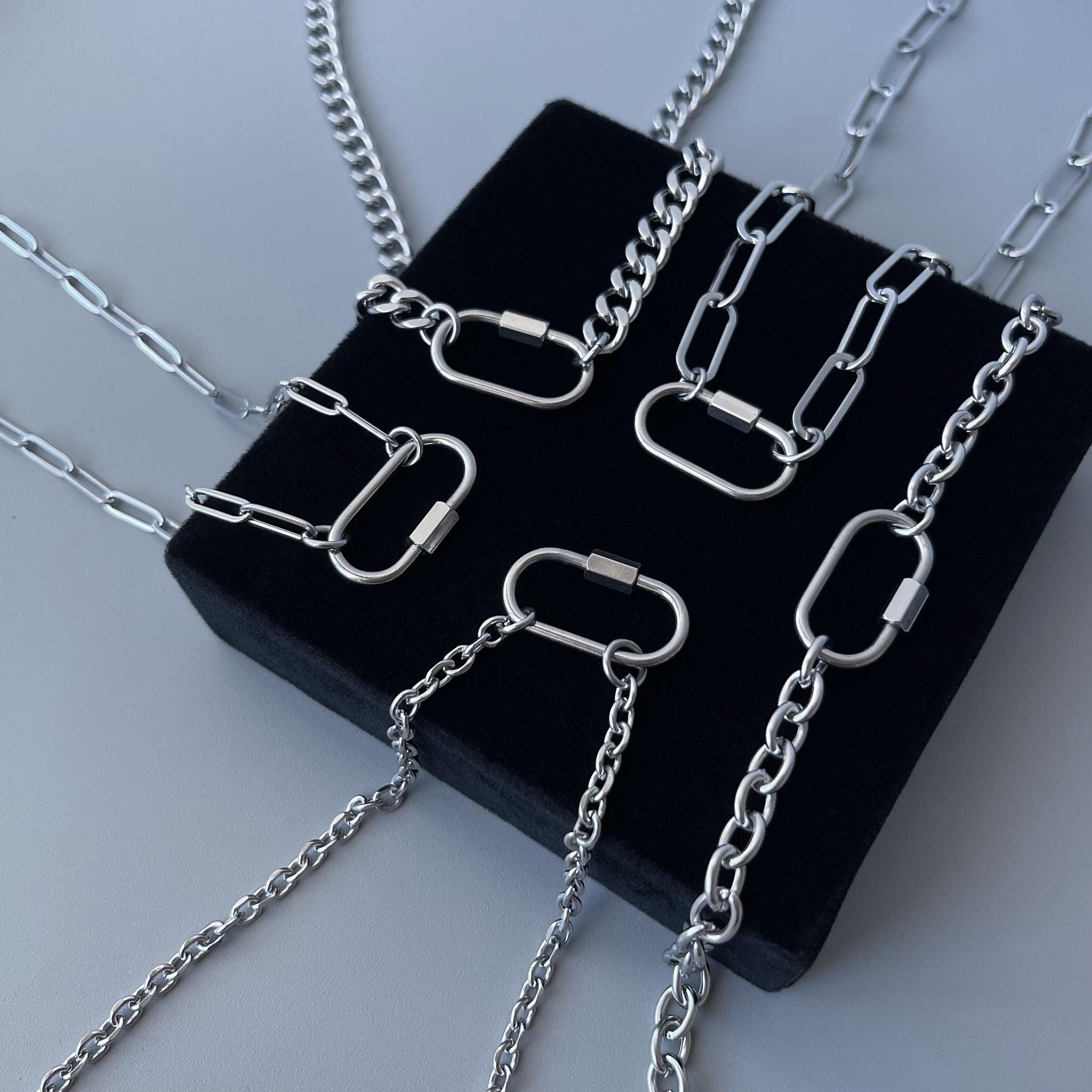 Carabiner Clasp Chain Charm Necklace: Handmade Stainless Steel Cuban ...