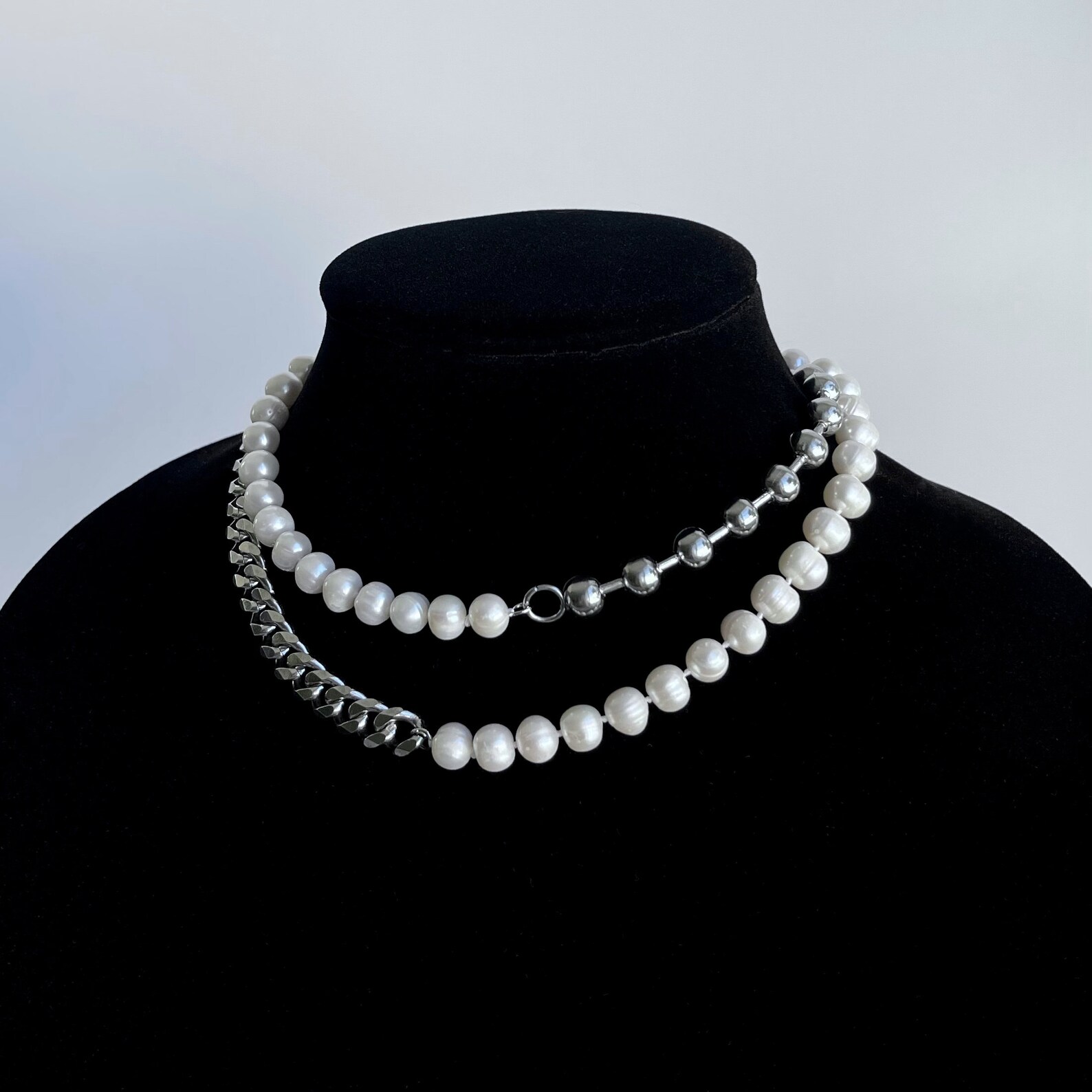 Handmade Freshwater Pearl Cuban Link Necklace: Stainless Steel Unisex ...