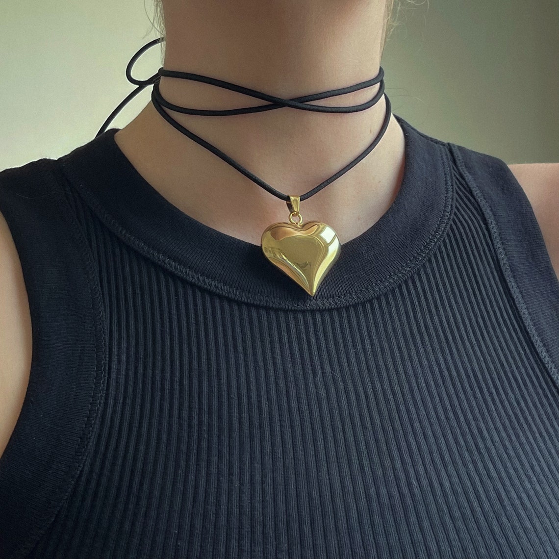 Gold Puffed Heart String Necklace Black Cord Long Wrap Tie - Etsy