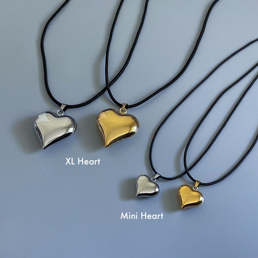 Puffed Heart String Necklace Black Cord Long Wrap Tie Choker Silver ...