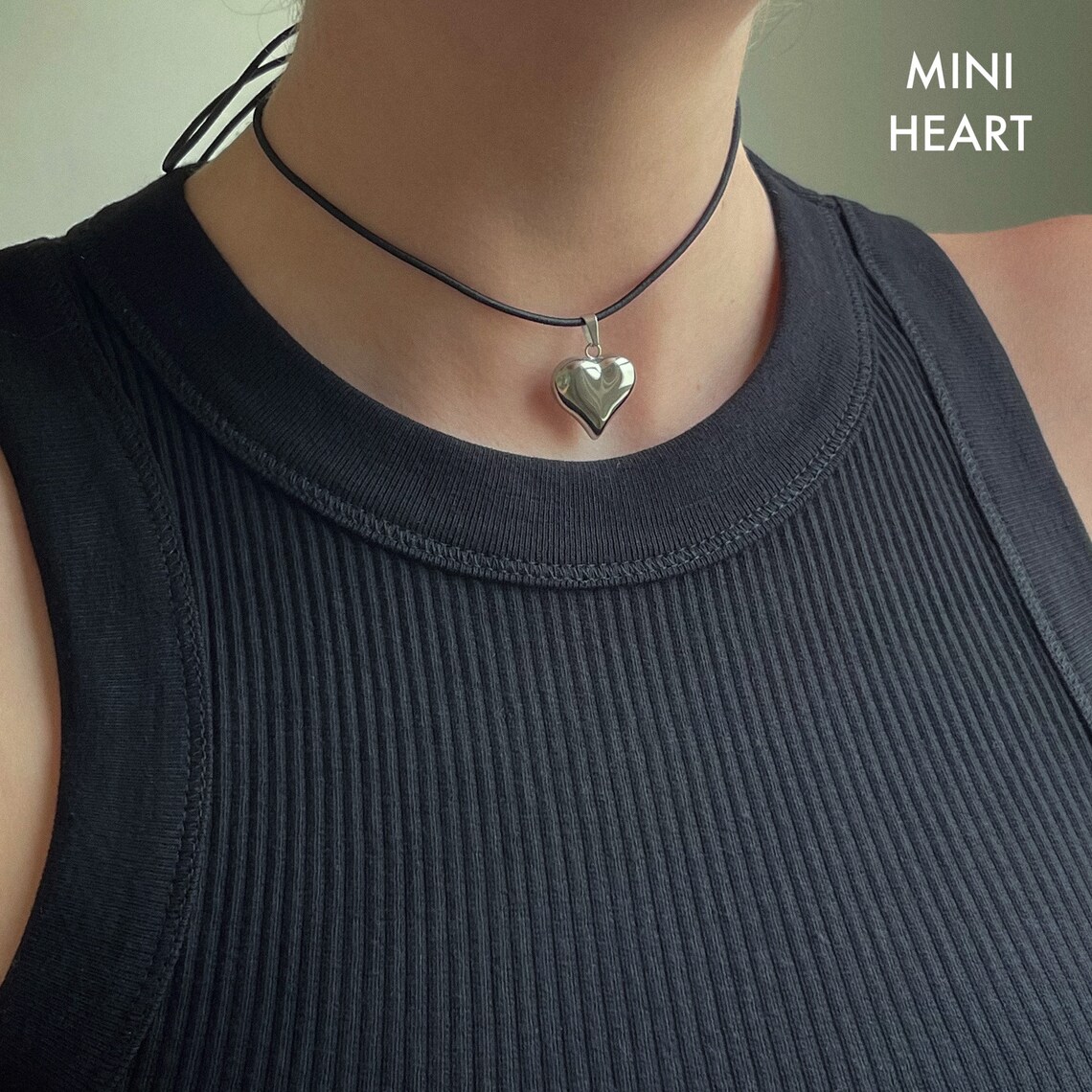 Mini or XL Silver Puffed Heart String Necklace Black Cord Long - Etsy