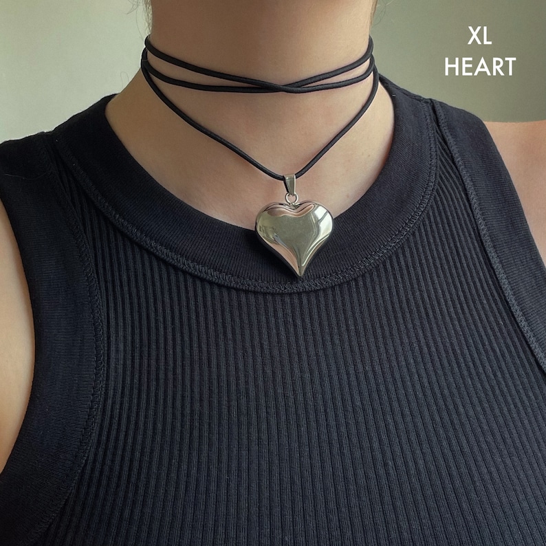 Mini or XL Silver Puffed Heart String Necklace Black Cord Long - Etsy