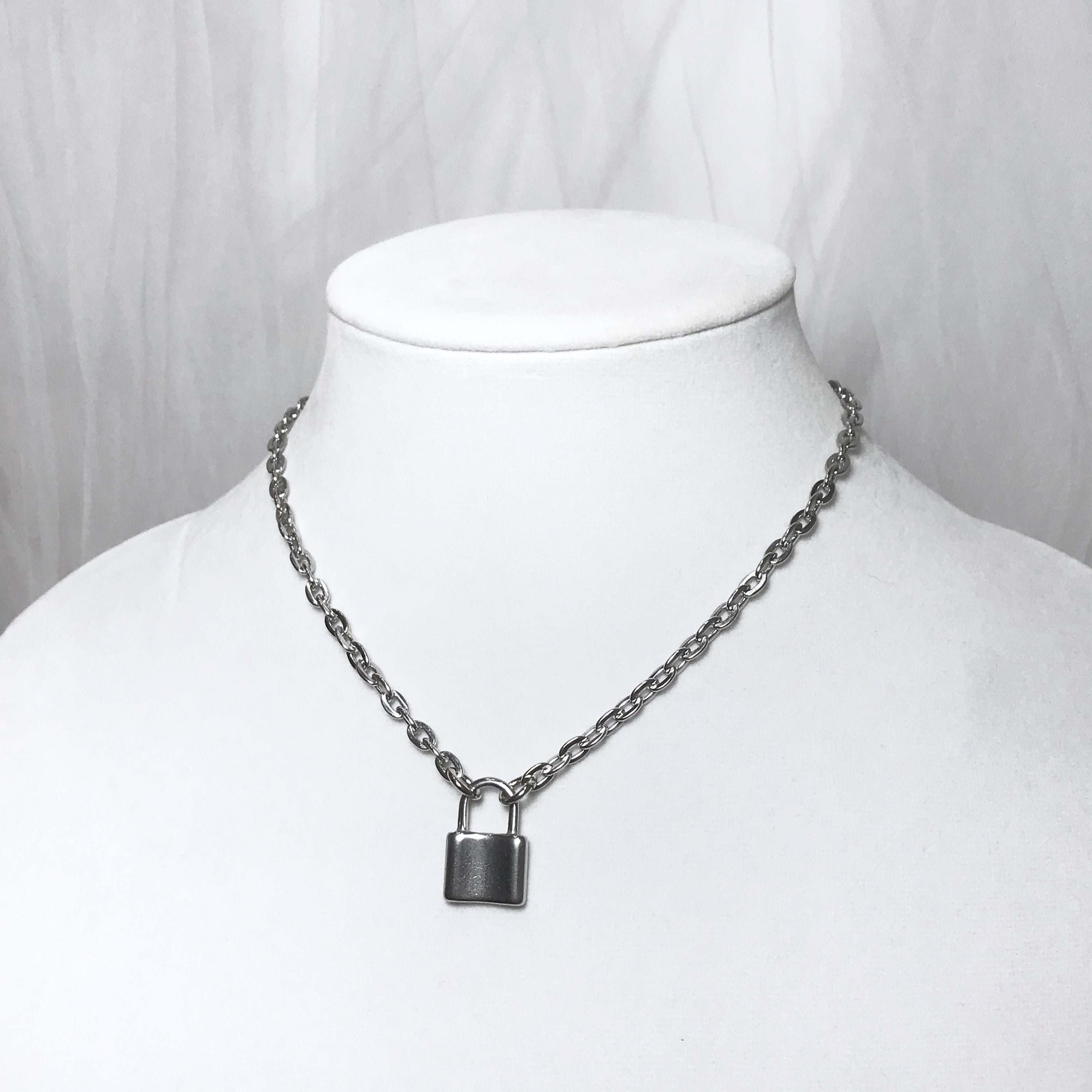 Silver Padlock Necklace Stainless Steel Oval Chain Link Lock - Etsy
