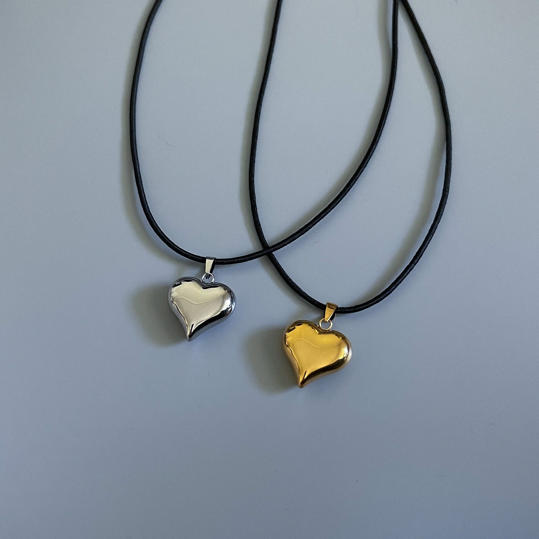 Mini Puffed Heart String Necklace Silver or Gold Black Cord Mini Puffed Heart String Necklace Silver or Gold Black Cord