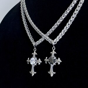 Fleur Cross Chain Link Necklace Stainless Steel CZ Stone Gothic Silver ...