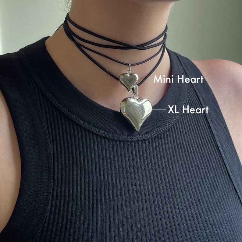 Mini or XL Silver Puffed Heart String Necklace Black Cord Long - Etsy