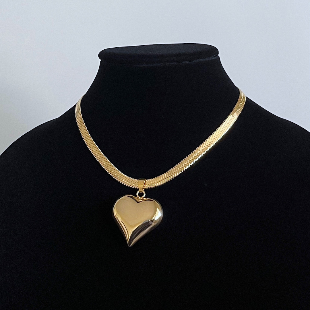 Gold Puffed Heart Herringbone Chain Necklace: Handmade Stainless Steel ...