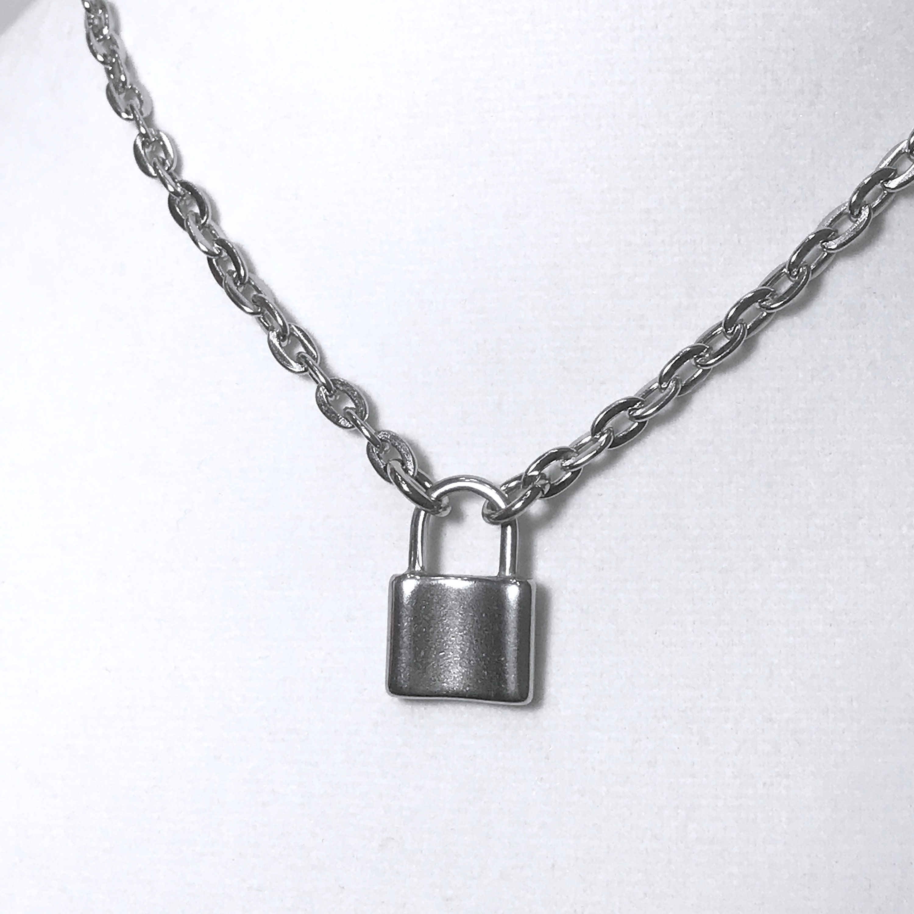 Silver Padlock Necklace Stainless Steel Oval Chain Link Lock - Etsy