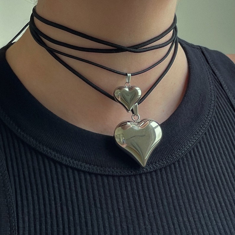 Mini or XL Silver Puffed Heart String Necklace Black Cord Long - Etsy