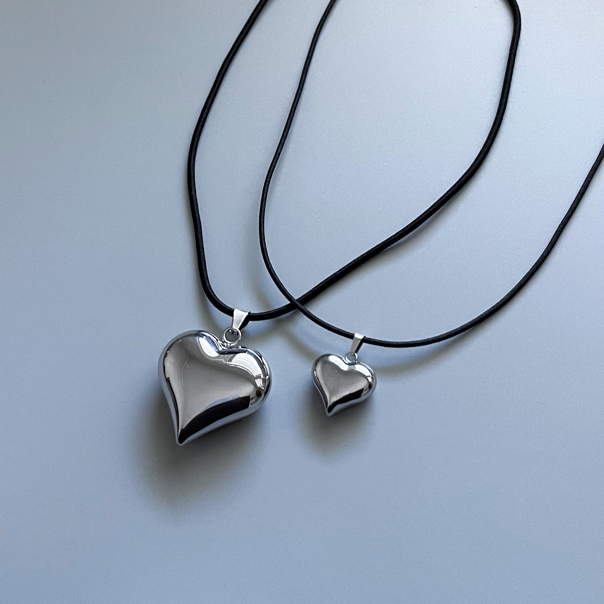Mini or XL Silver Puffed Heart String Necklace Black Cord Mini or XL Silver Puffed Heart String Necklace Black Cord
