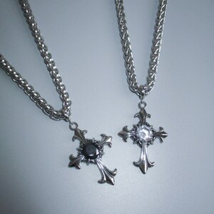 Fleur Cross Chain Link Necklace Stainless Steel CZ Stone Gothic Silver ...