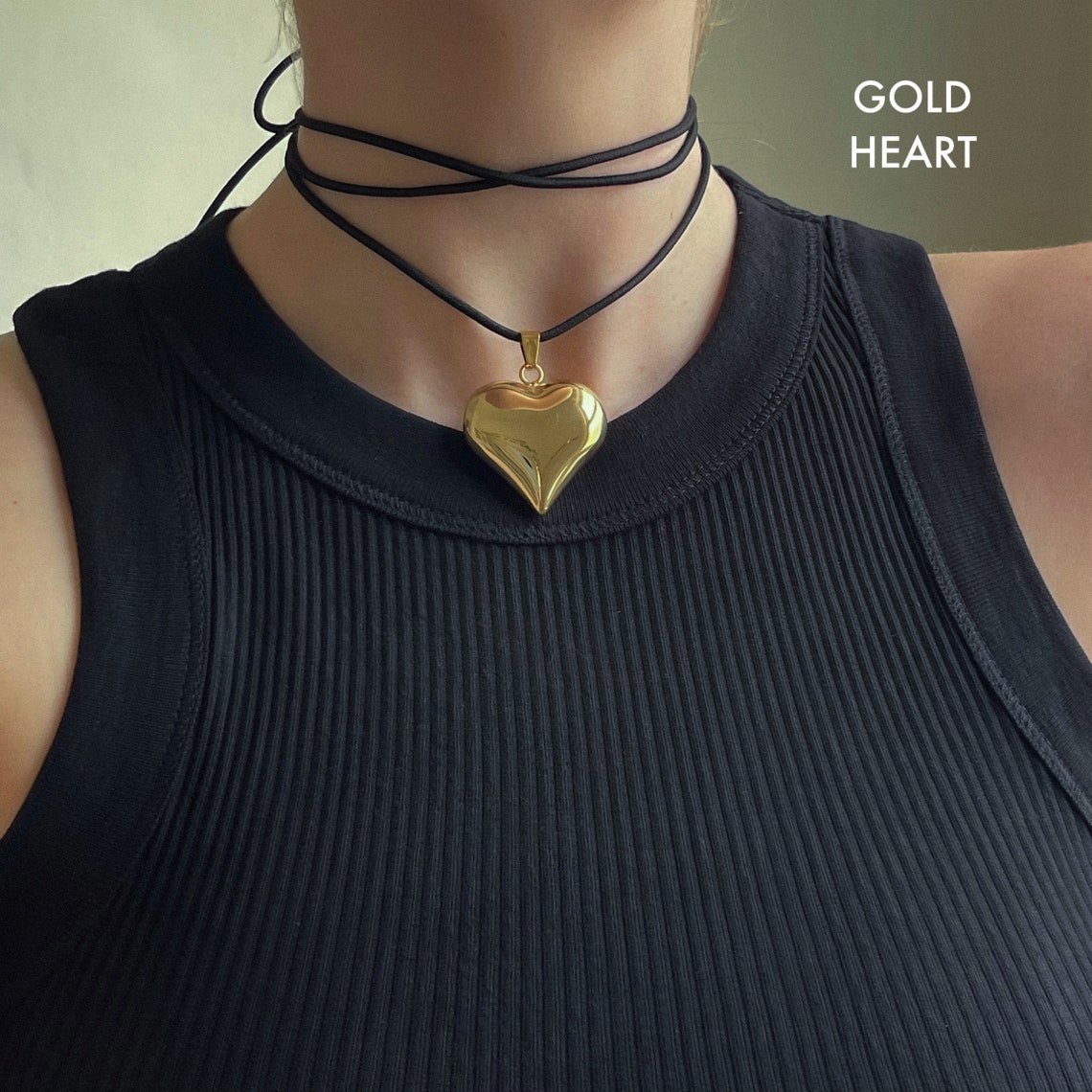Puffed Heart String Necklace Black Cord Long Wrap Tie Choker - Etsy