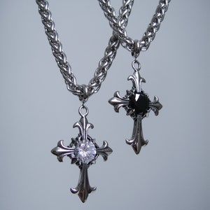 Fleur Cross Chain Link Necklace Stainless Steel CZ Stone Gothic Silver ...