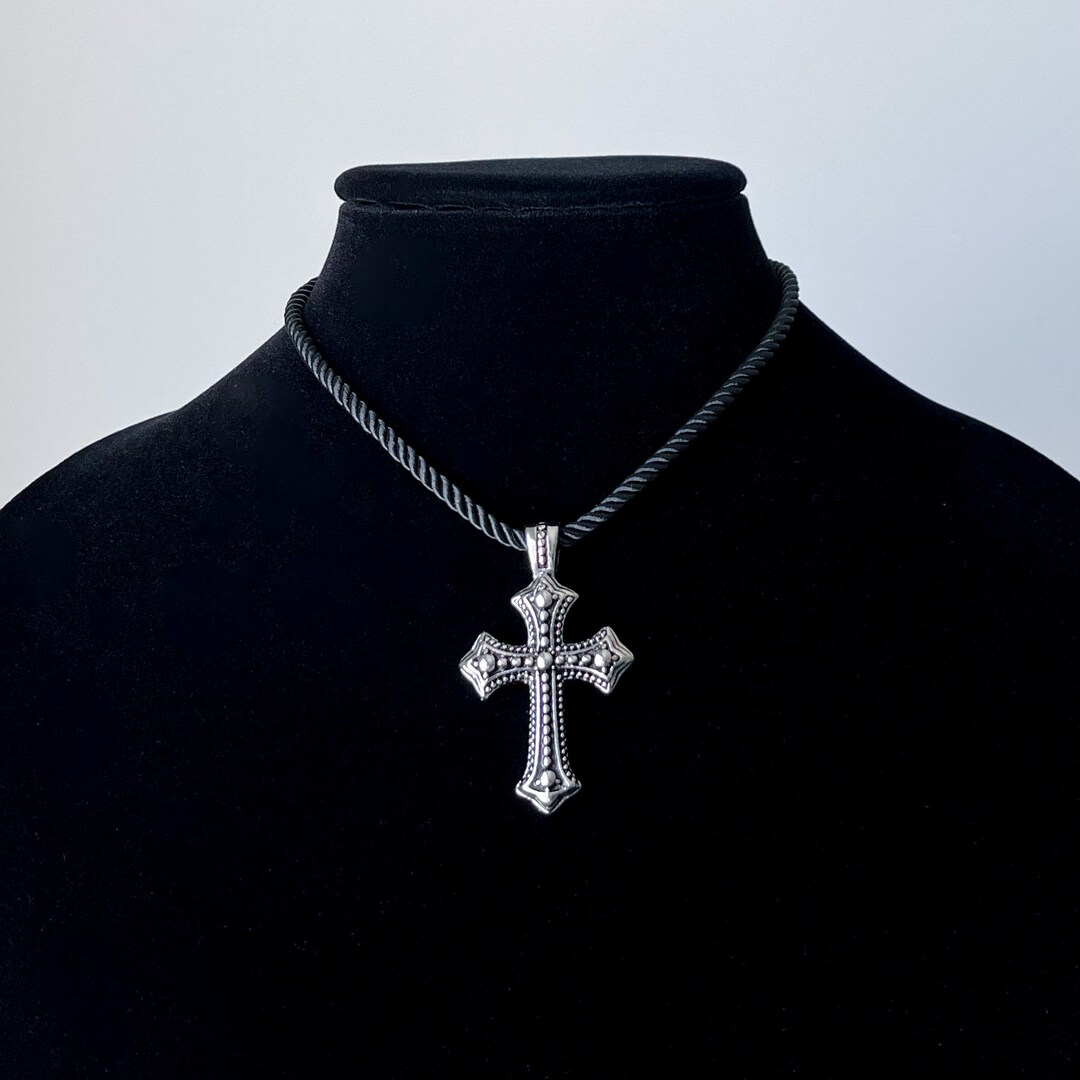 Chunky Gothic Cross Rope String Necklace Silver Stainless Steel Y2K ...