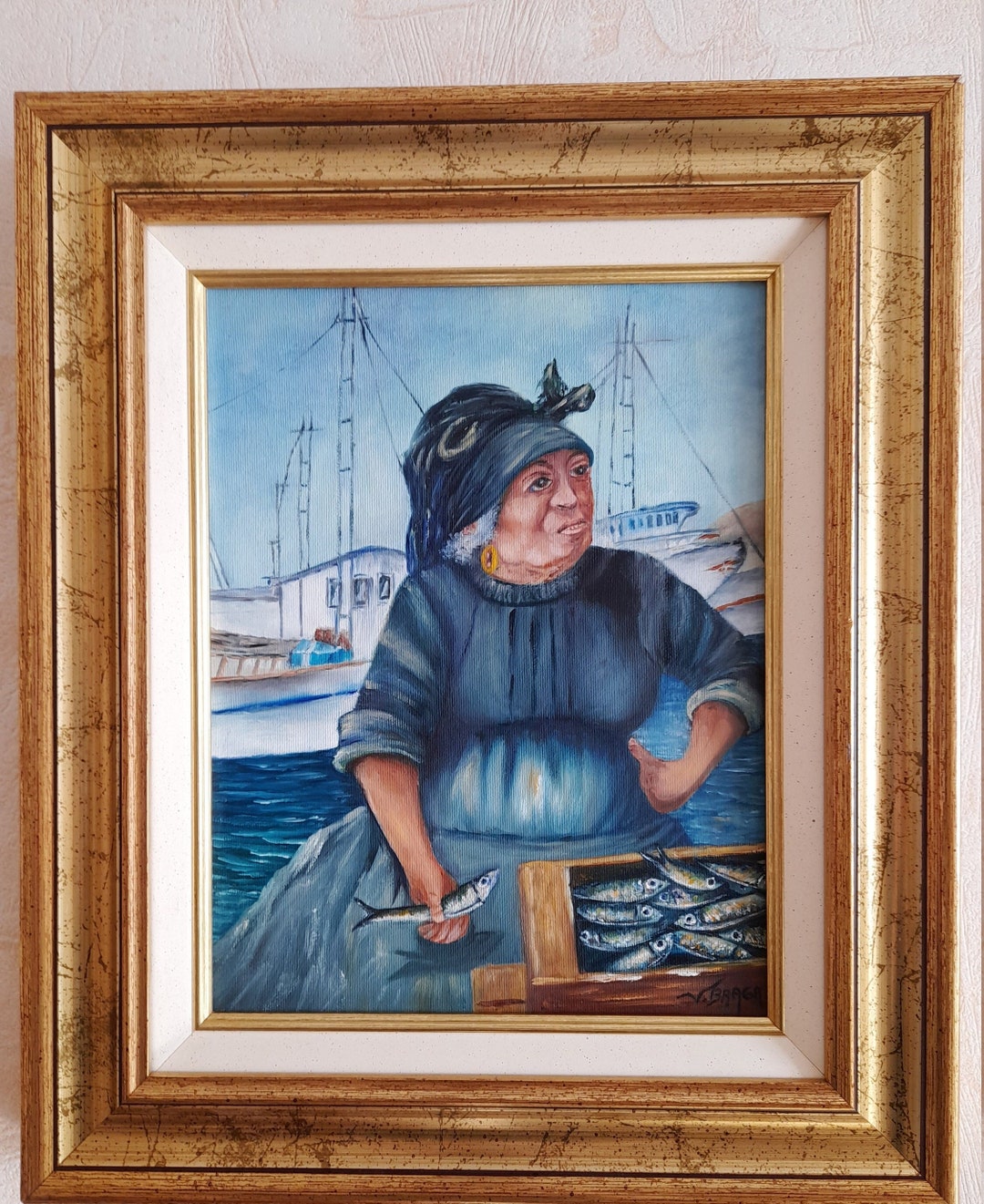 Sardine Merchant Painting Oil on Canvas Fish Market-marine-art Boats ...
