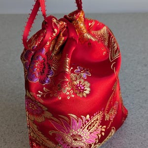 Luxury Red Chinese Silk With Gold Purple Embroidery Drawstring Gift Bag ...