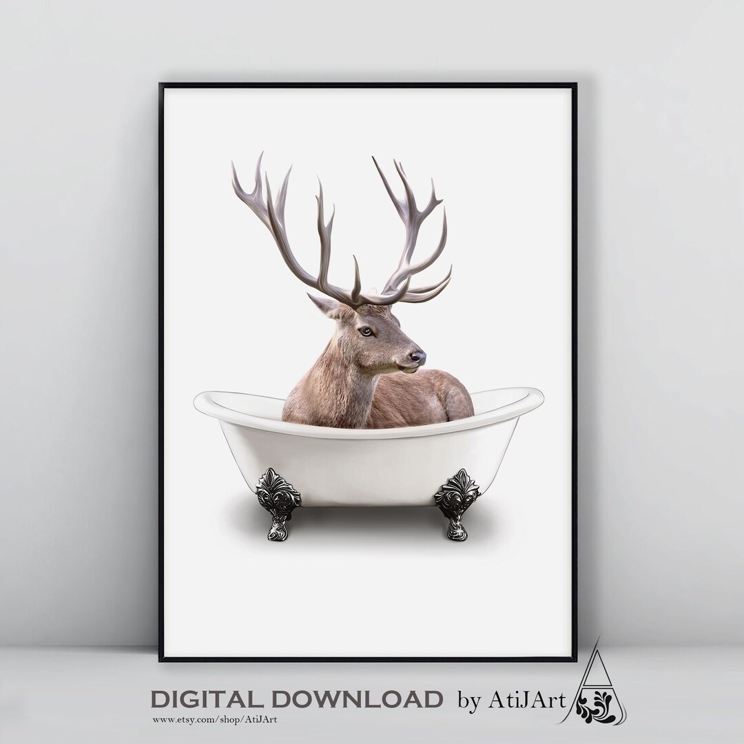 Bathtub Printable Art,deer in a Bathtub, Deer Taking a Bath, Funny ...