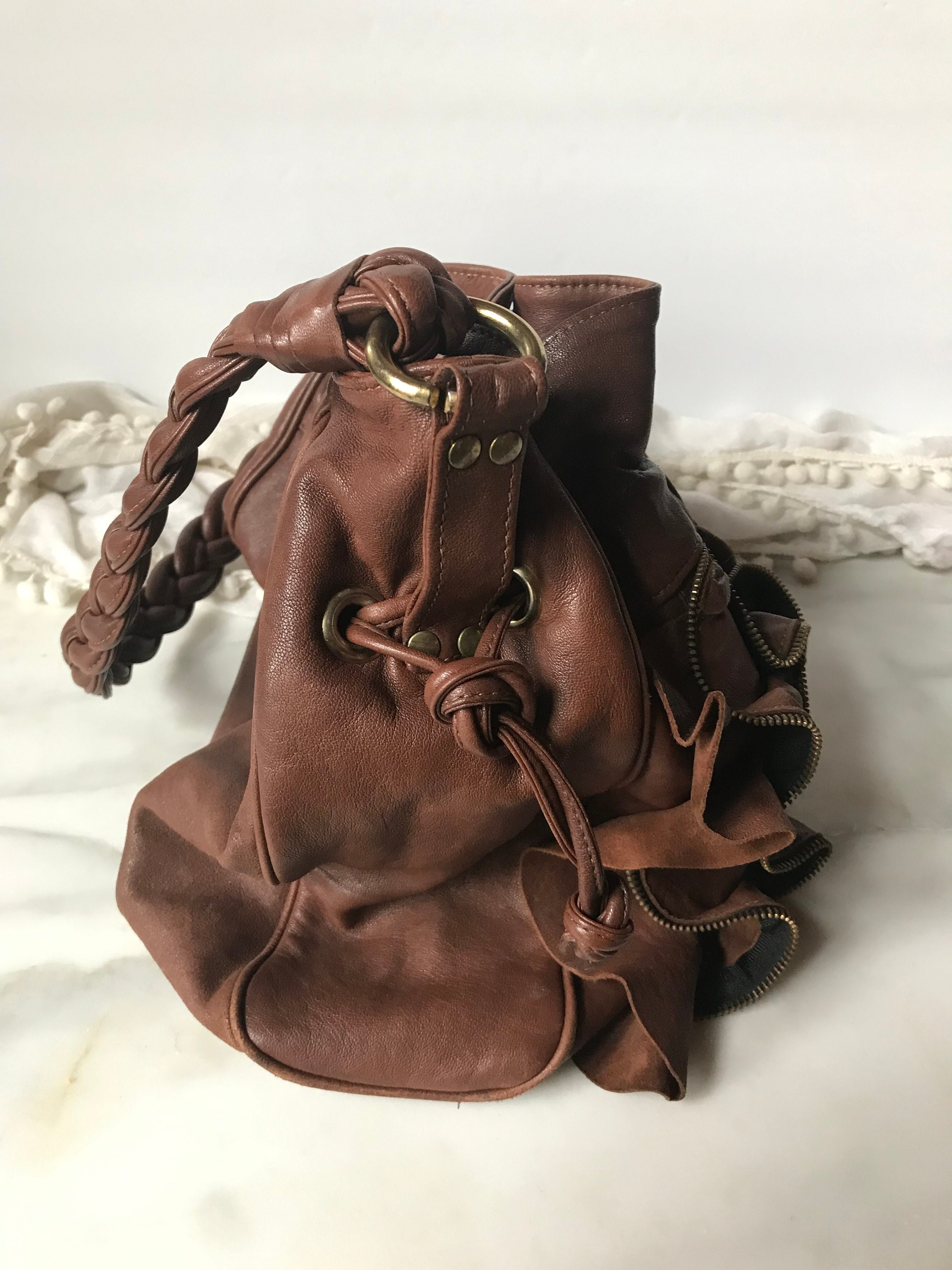 Brown Leather Draw String Shoulder Bag / Hobo Purse / Susan Farber ...