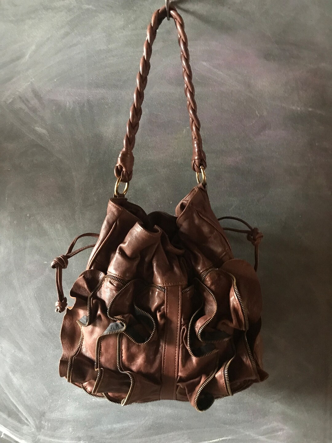Brown Leather Draw String Shoulder Bag / Hobo Purse / Susan Farber ...