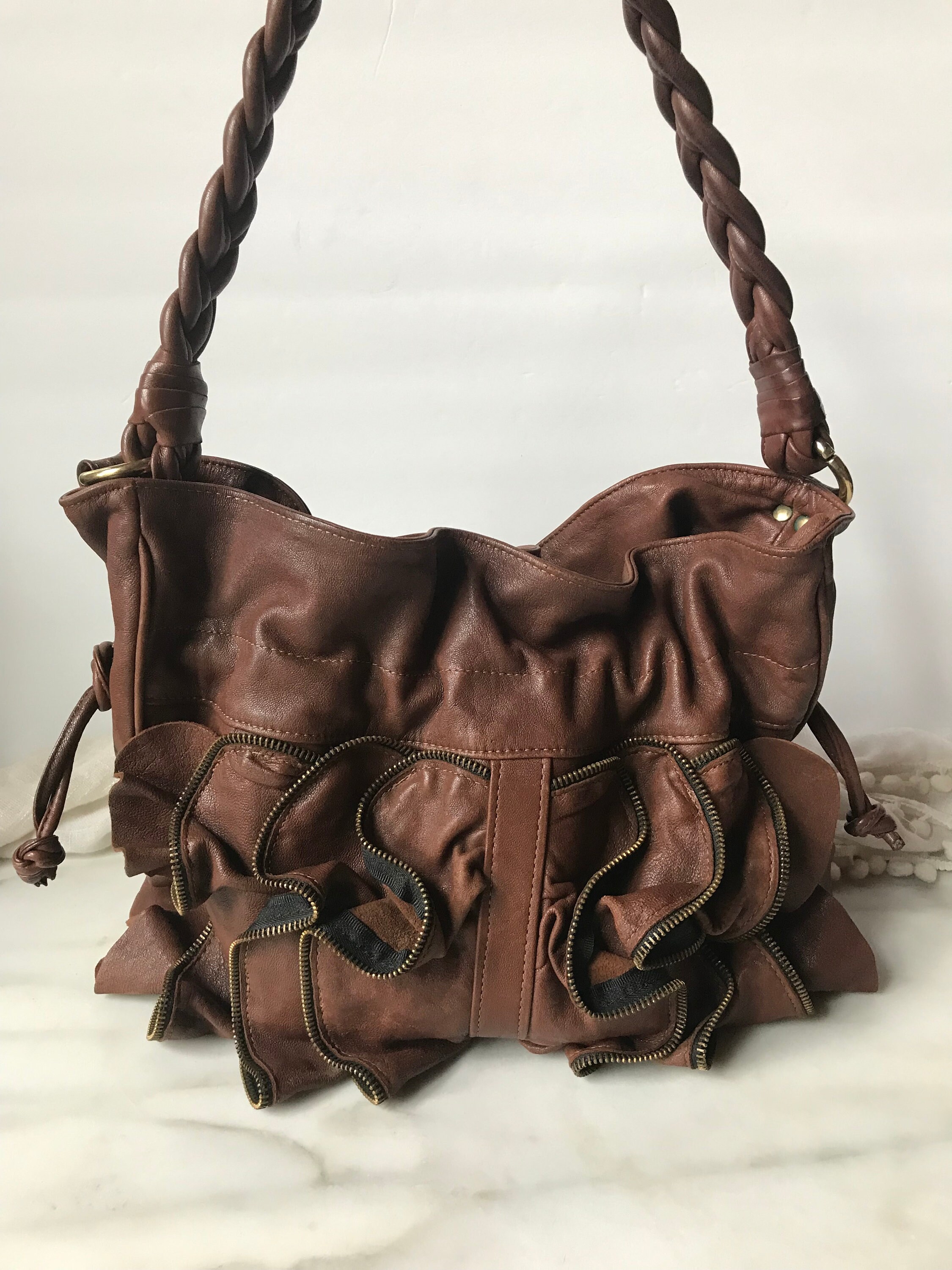 Brown Leather Draw String Shoulder Bag / Hobo Purse / Susan Farber ...