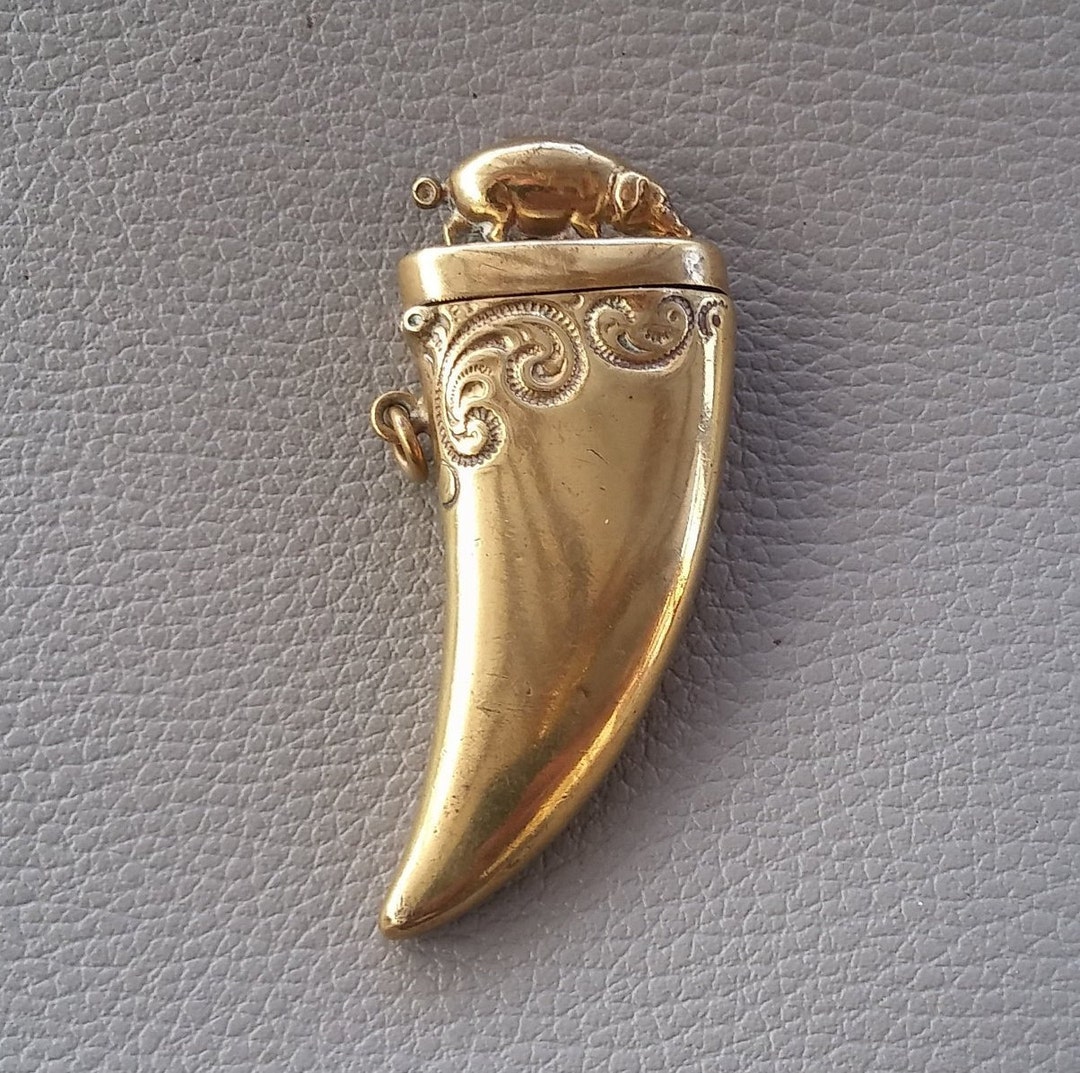 Engraved Brass Vesta Case, or Match Case, Tusk Shaped With a Pig or ...