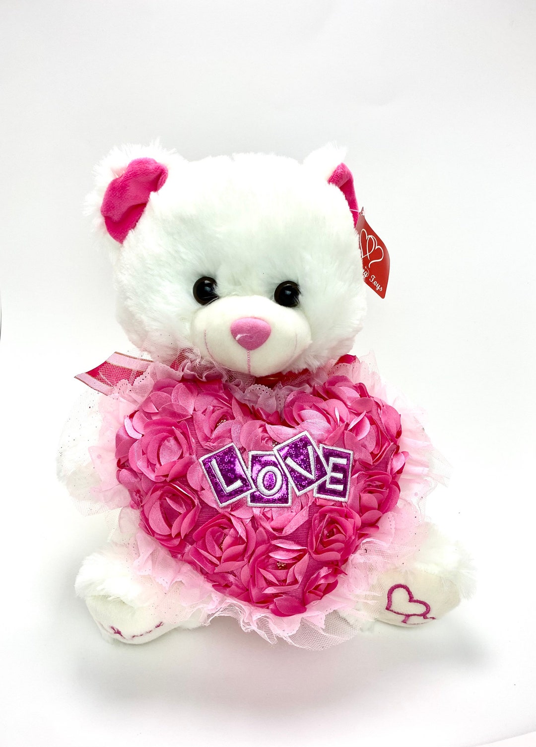 Valentine's Day 12 Plush Teddy Bear With Pink Rose Heart and Voice I ...