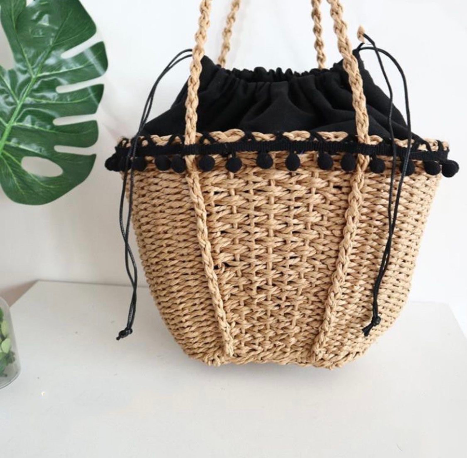 Straw basket bag with pom pom drawstring basket crossbody | Etsy
