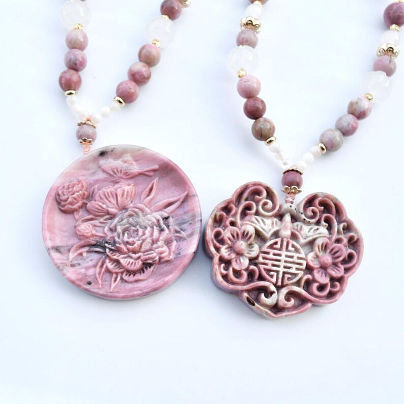 Pink Peony Lock Beaded Necklace - Rhodonite - Etsy