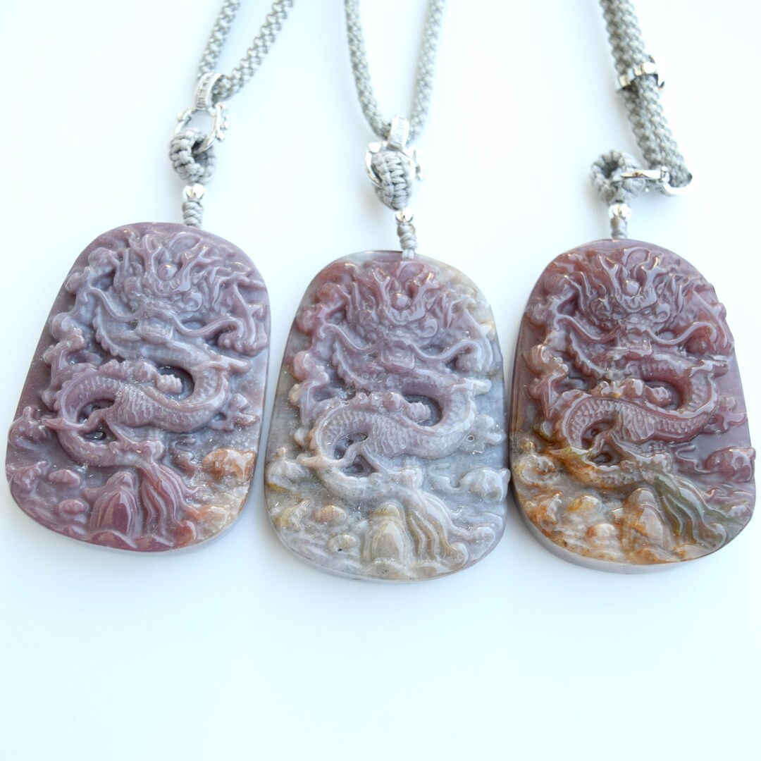 Chinese Zodiac Dragon Rope Necklace - Colorful Ocean Agate 海洋碧玉 Pendant ...