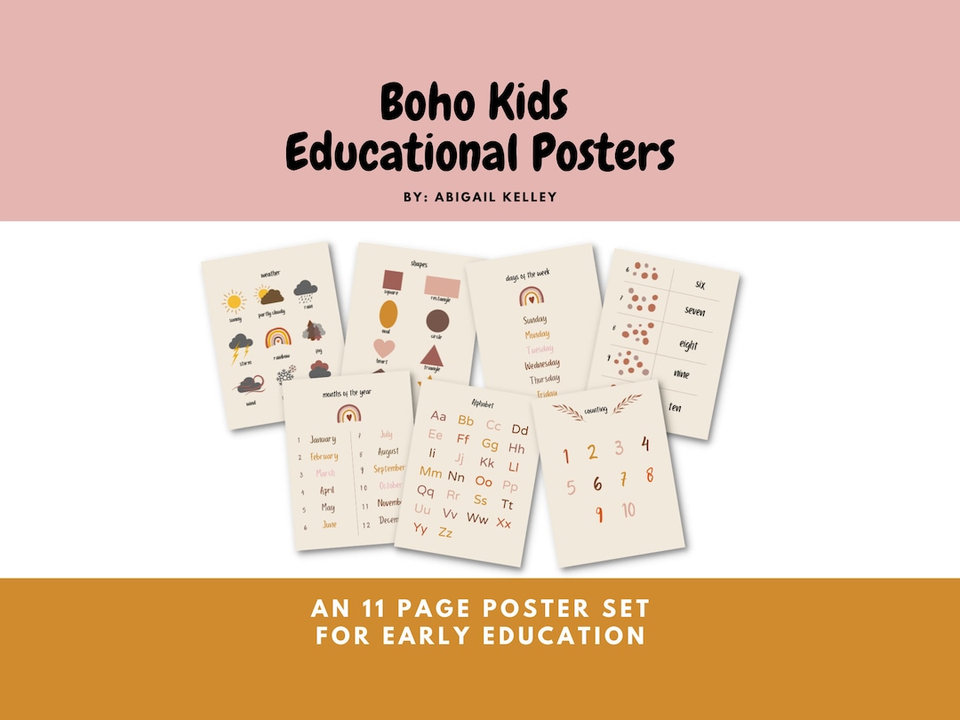 Boho Educational Poster Set for Play Room or Bedroom for Kids, Early ...