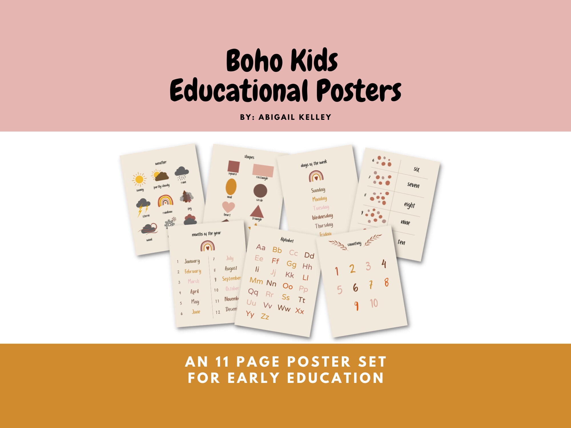 Boho Educational Poster Set for Play Room or Bedroom for Kids, Early ...