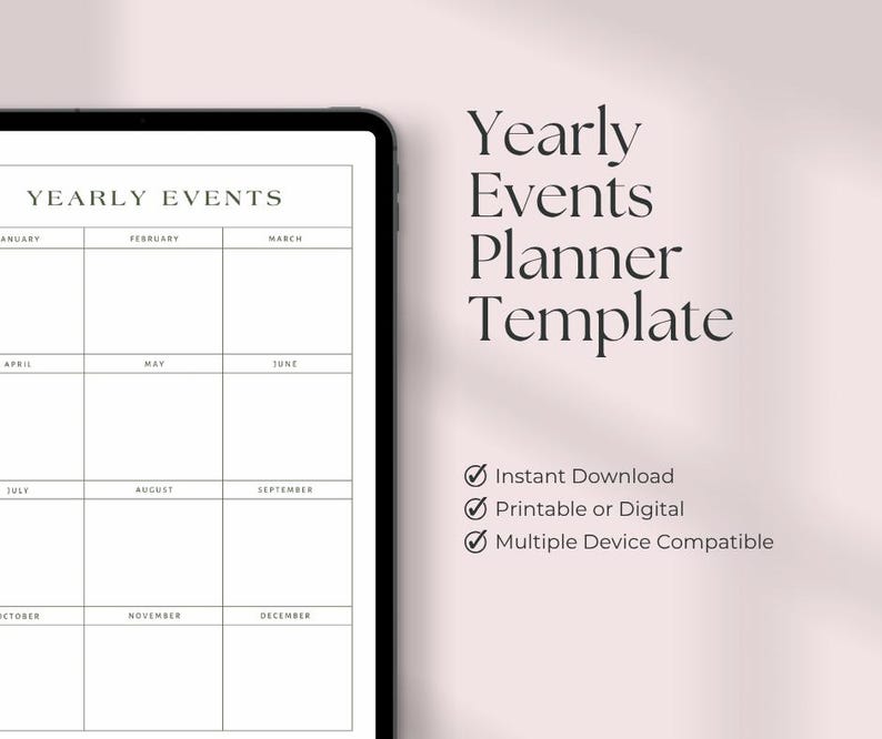 Printable Yearly Events Planner Template | Digital Download | Annual ...