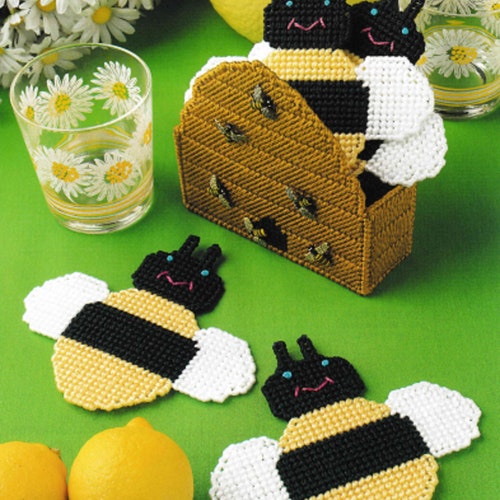Vintage Plastic Canvas Patterns PDF Bee Coaster Set Tabletop - Etsy