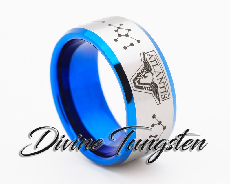 Mens Tungsten Wedding Band 10mm Black Beveled Brushed Finished Stargate ...