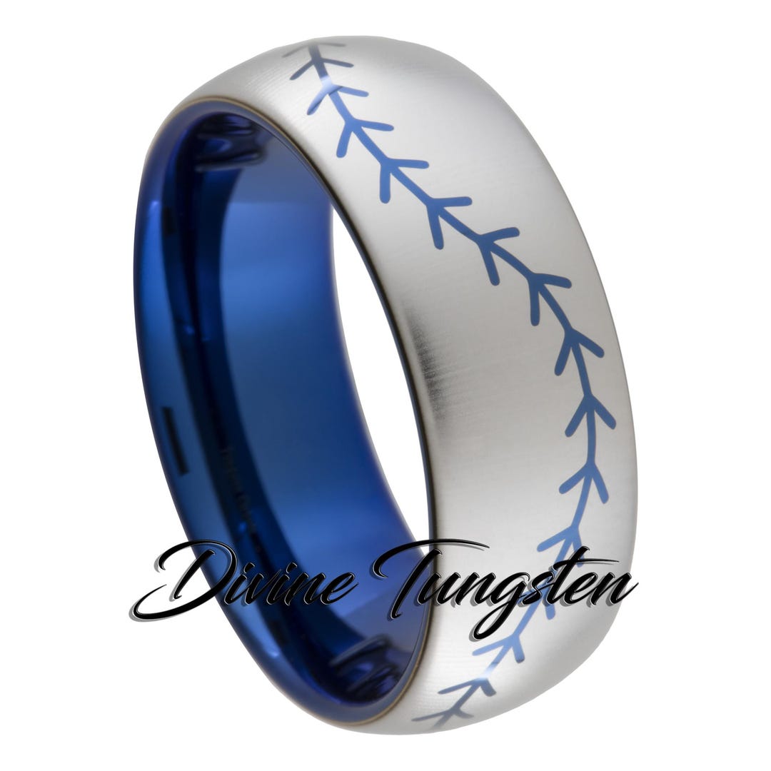 Baseball Pattern Tungsten Carbide Wedding Band 8mm Blue Dome Polished Ring With Free Inside ...