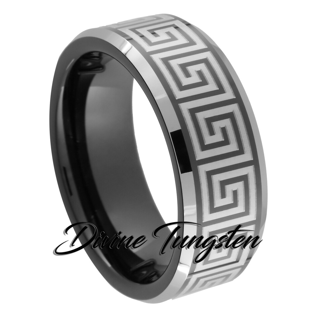 Greek Pattern Tungsten Carbide Wedding Band 8mm Black Beveled Two-toned ...